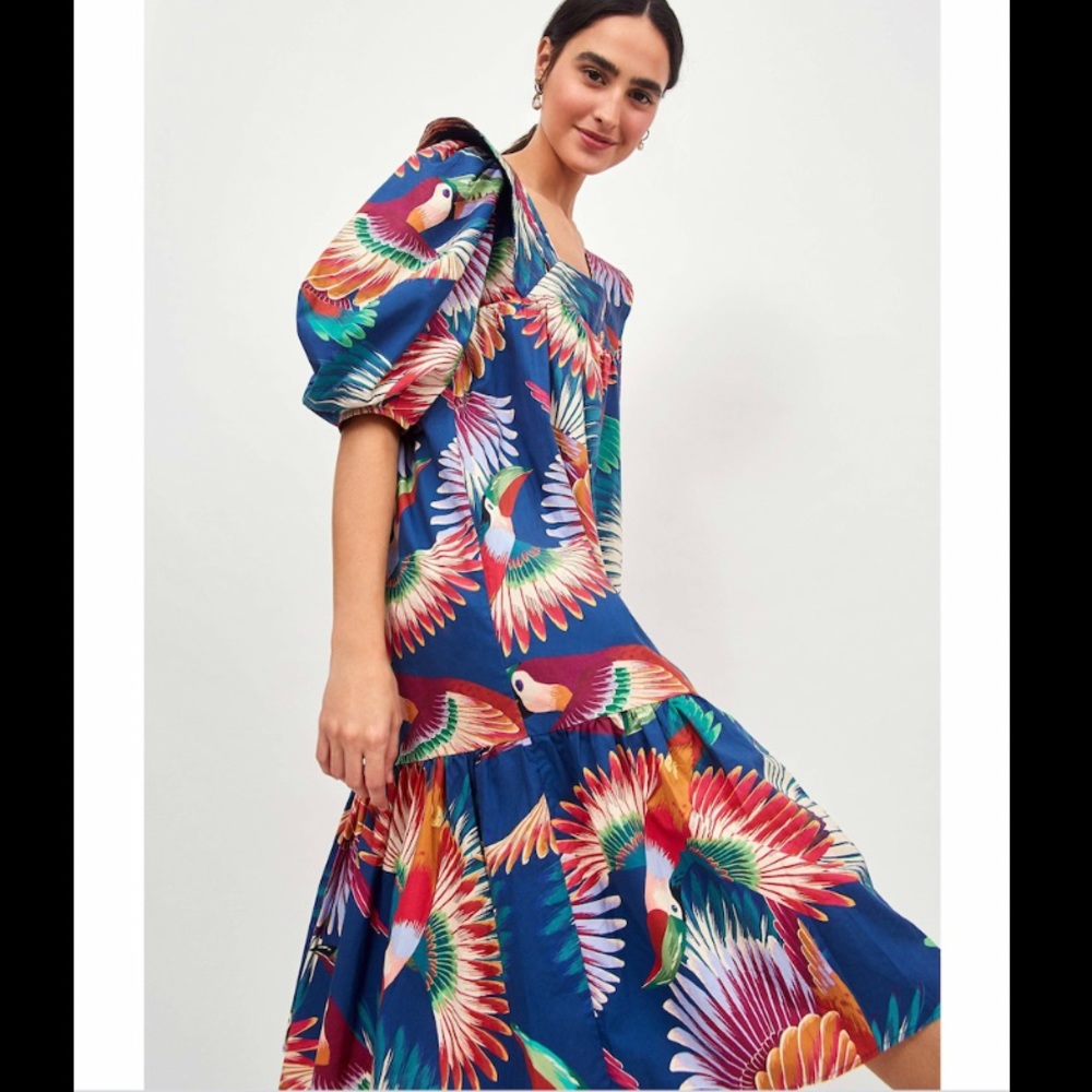 Farm Rio Navy Toucan Puff-Sleeve Midi Dress - Gem